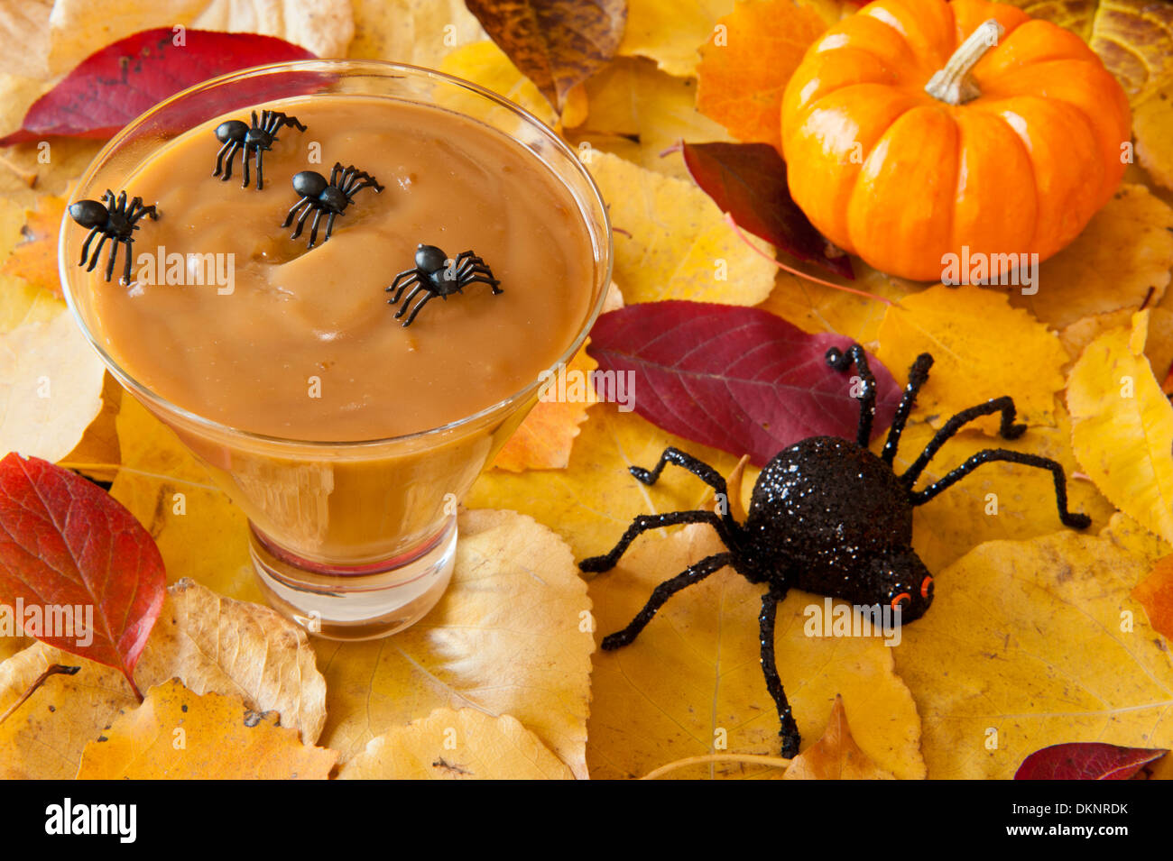 Spiders decorate a dish of butterscotch pudding for a Halloween dessert ...