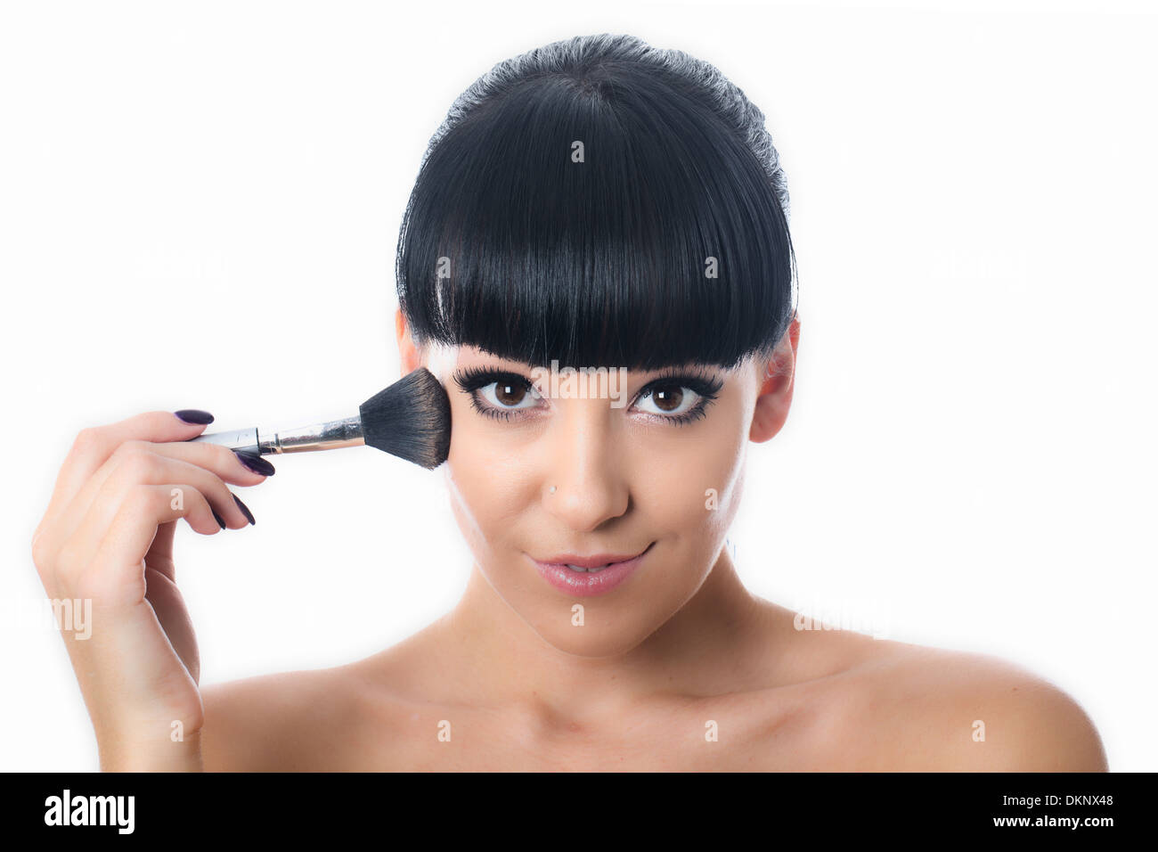 Confident Happy Positive Young Woman, Applying Makeup After Her Morning ...