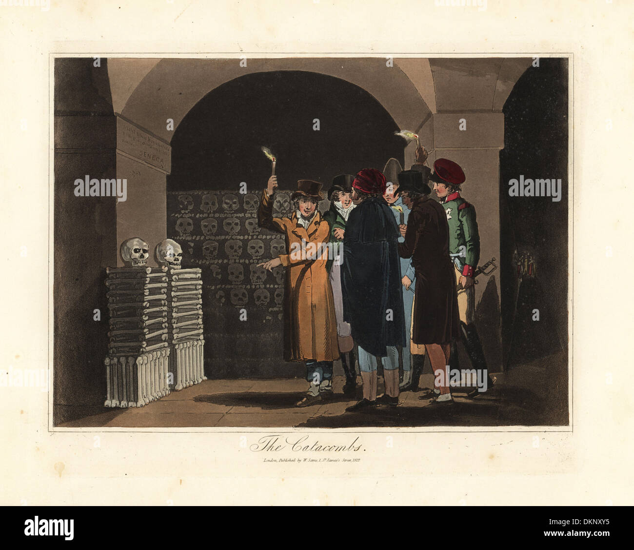 Guide with torch and tourists in the Paris catacombs, 19thC Stock Photo ...