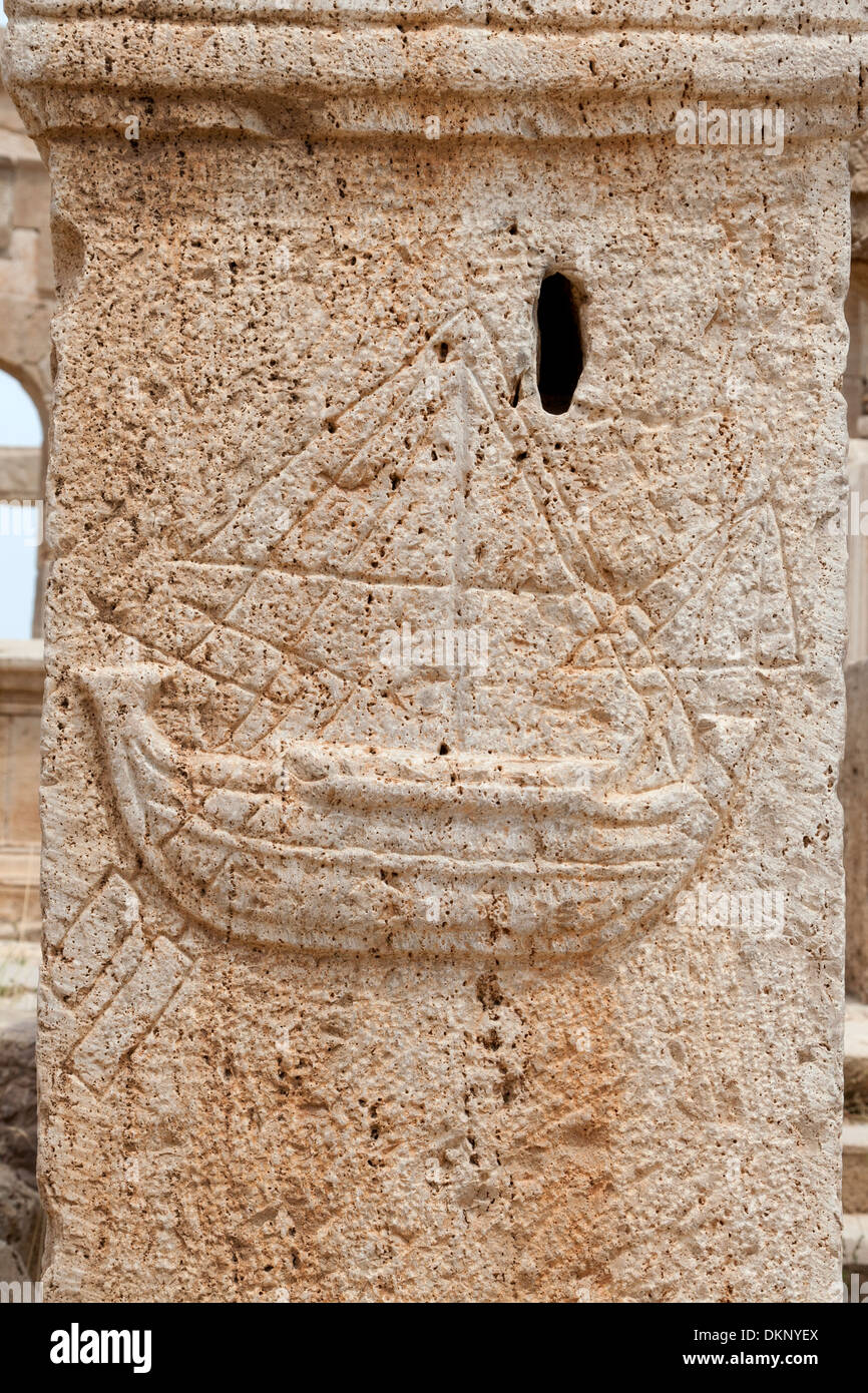 Libya, Leptis Magna. Carving of Roman Boat with Oars on a Pillar in the ...
