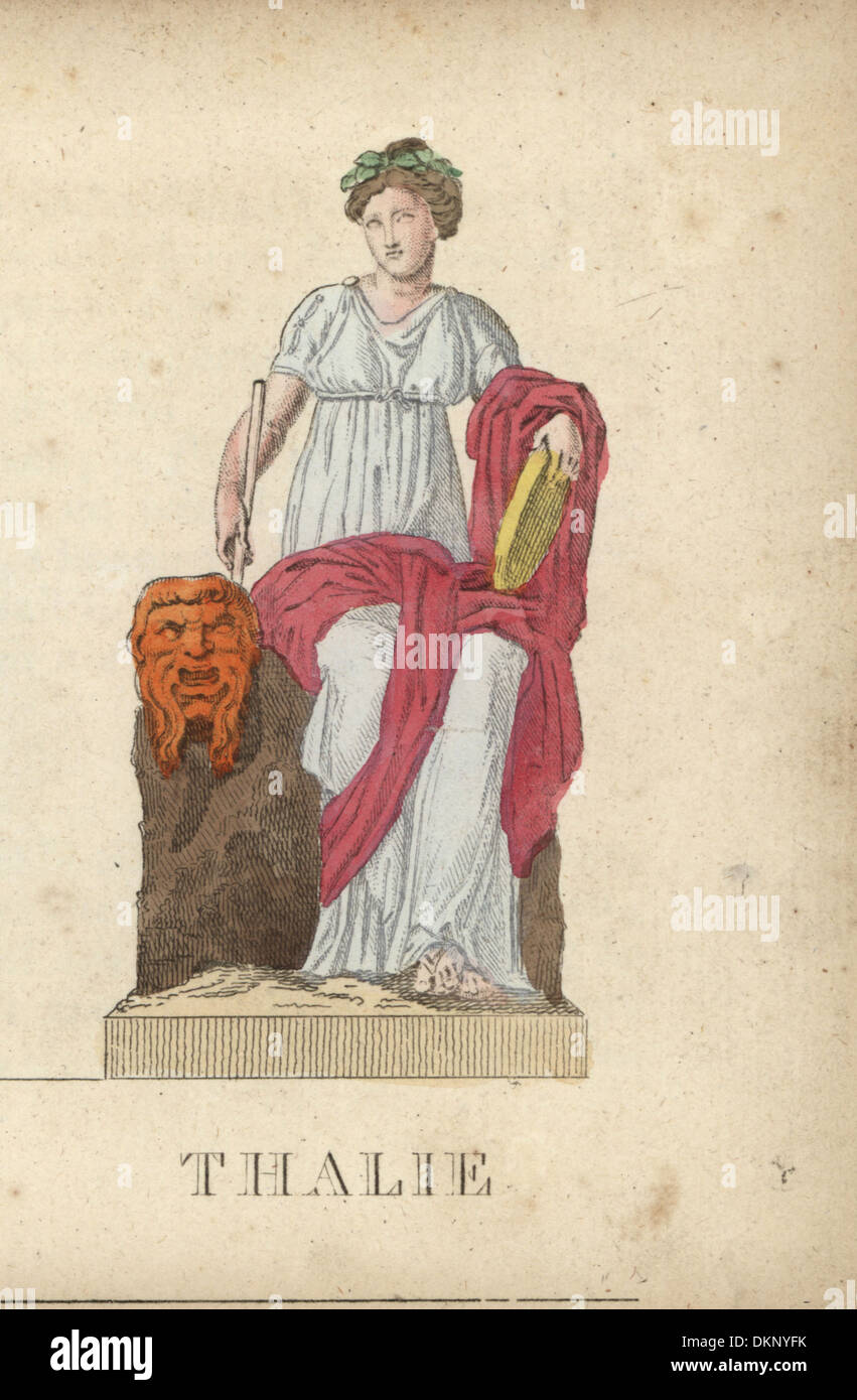Thalia, Greek muse of comedy, with laurel wreath, comic mask and staff ...