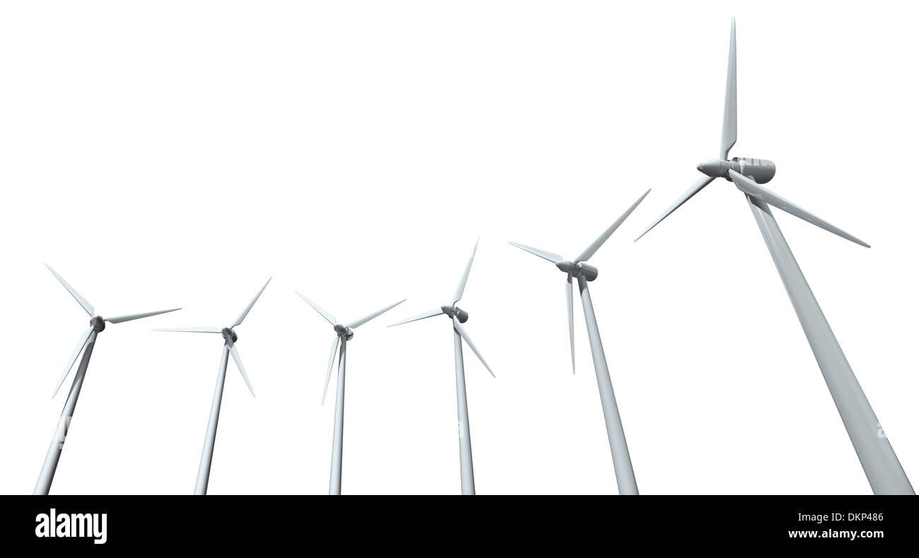 An array of regular wind turbines on an isolated white background Stock ...