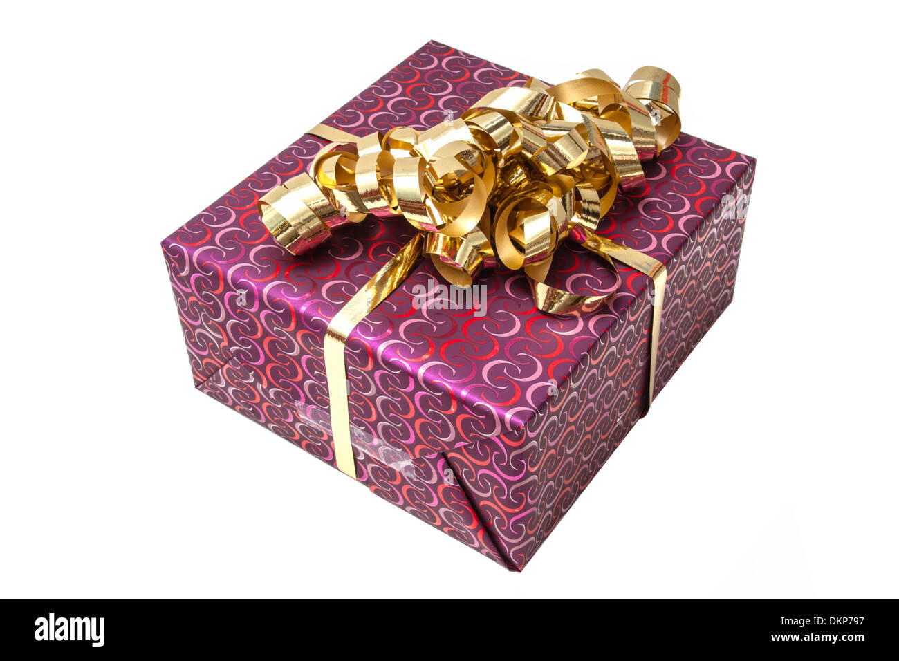 Gift Box with Gold Ribbon Bow isolated on white background Stock Photo ...