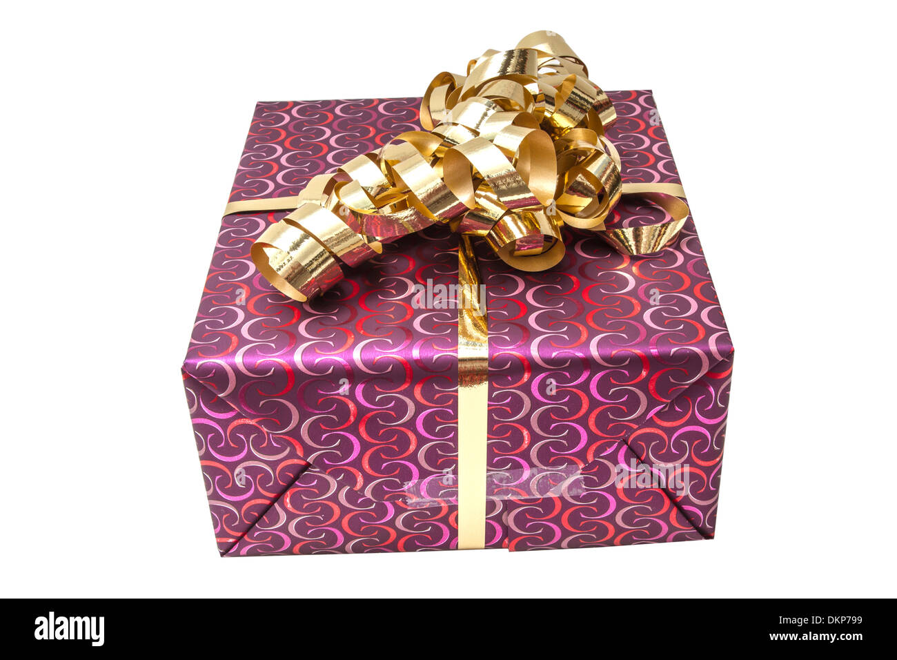 Gift Box with Gold Ribbon Bow isolated on white background Stock Photo ...