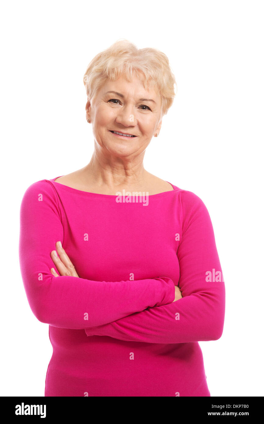 An old lady's portrait in pink casual clothes. On white background ...