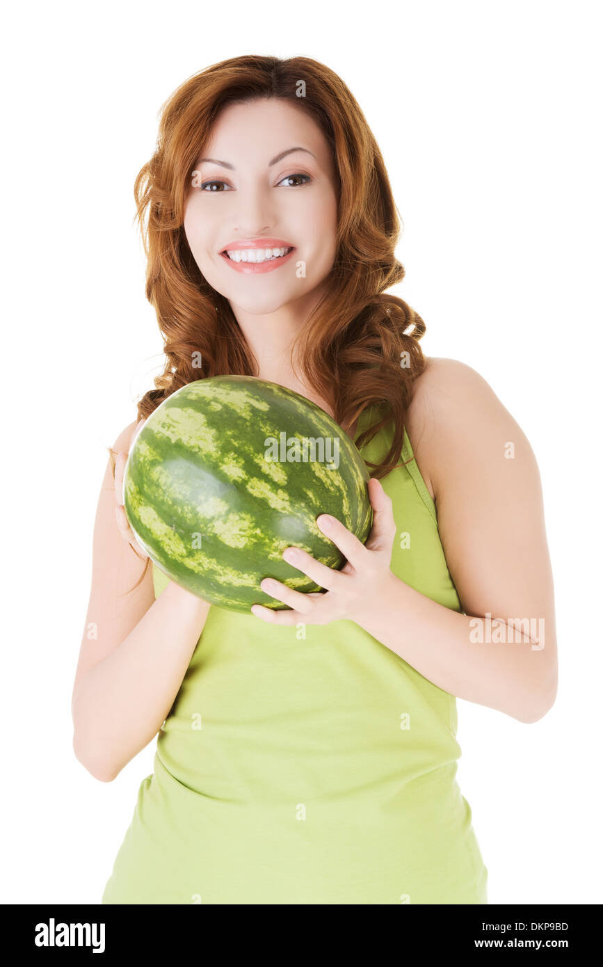 Attractive casual woman holding watermelon. Isolated on white Stock ...