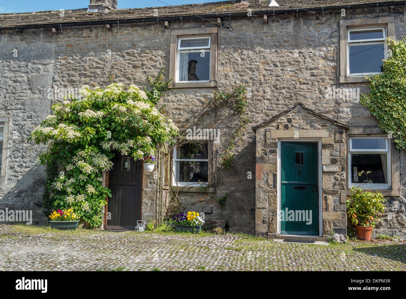 Two stone cottages with flowering bushes round the door Stock Photo - Alamy