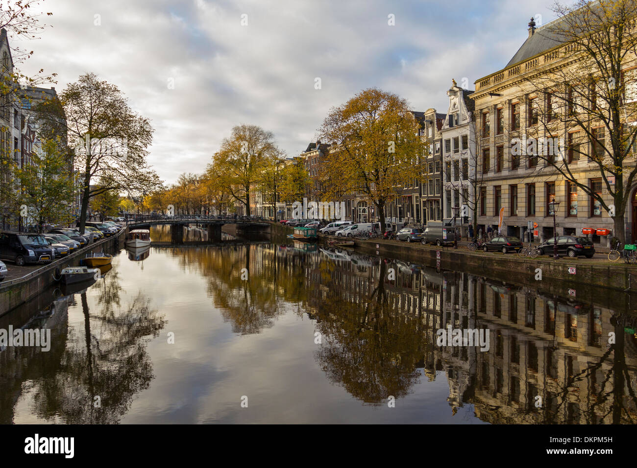 AMSTERDAM HOLLAND A CANAL AND BRIDGE IN NOVEMBER SUNSHINE WITH AUTUMNAL ...