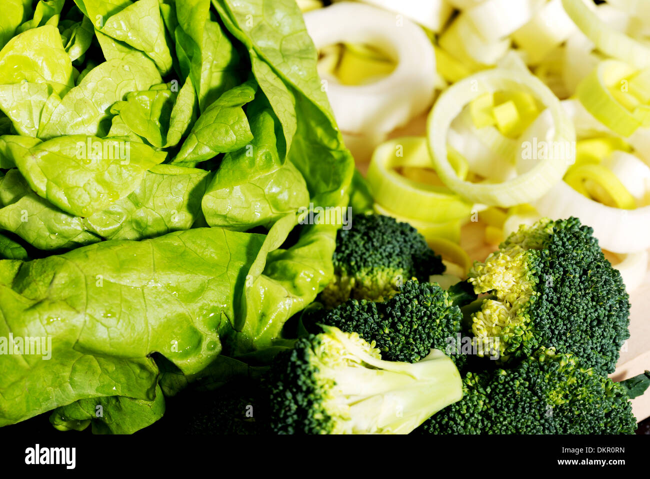 Close up on green vegetables+ lettuce,broccolli,leek Stock Photo - Alamy