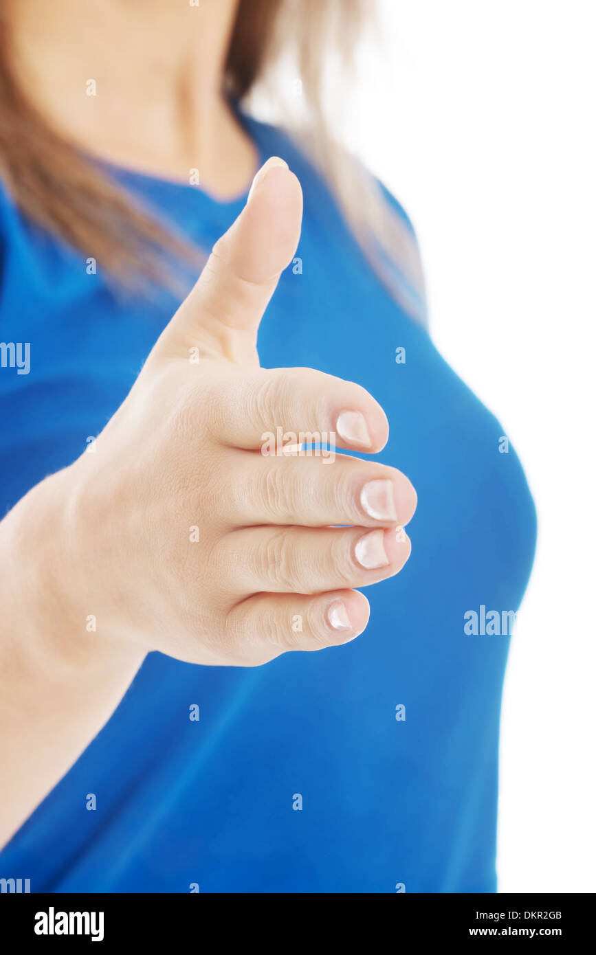 Close up on woman giving a hand. Over white Stock Photo - Alamy