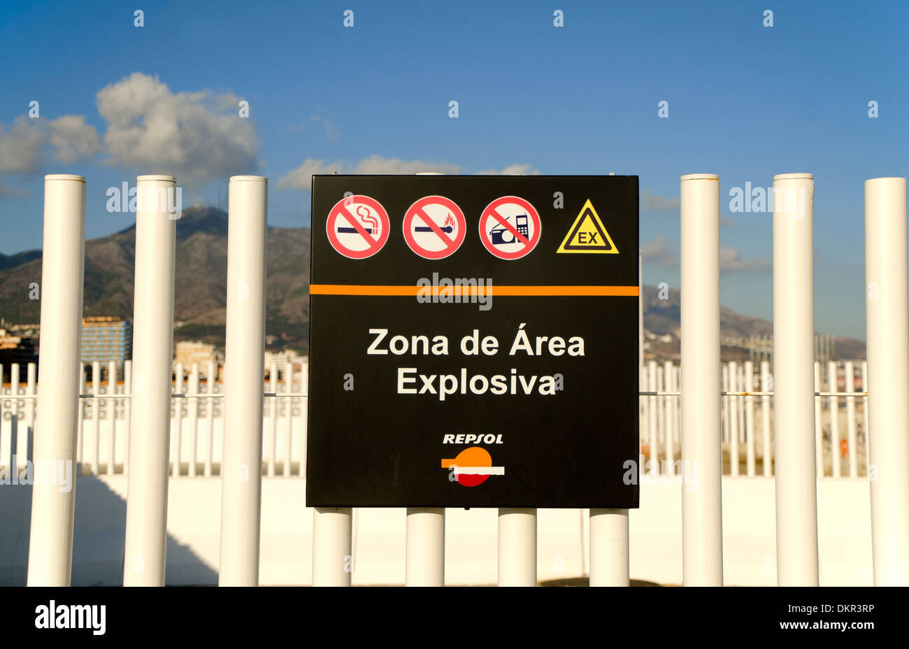 Danger, Explosive Atmosphere sign in the port of Fuengirola in Spain ...