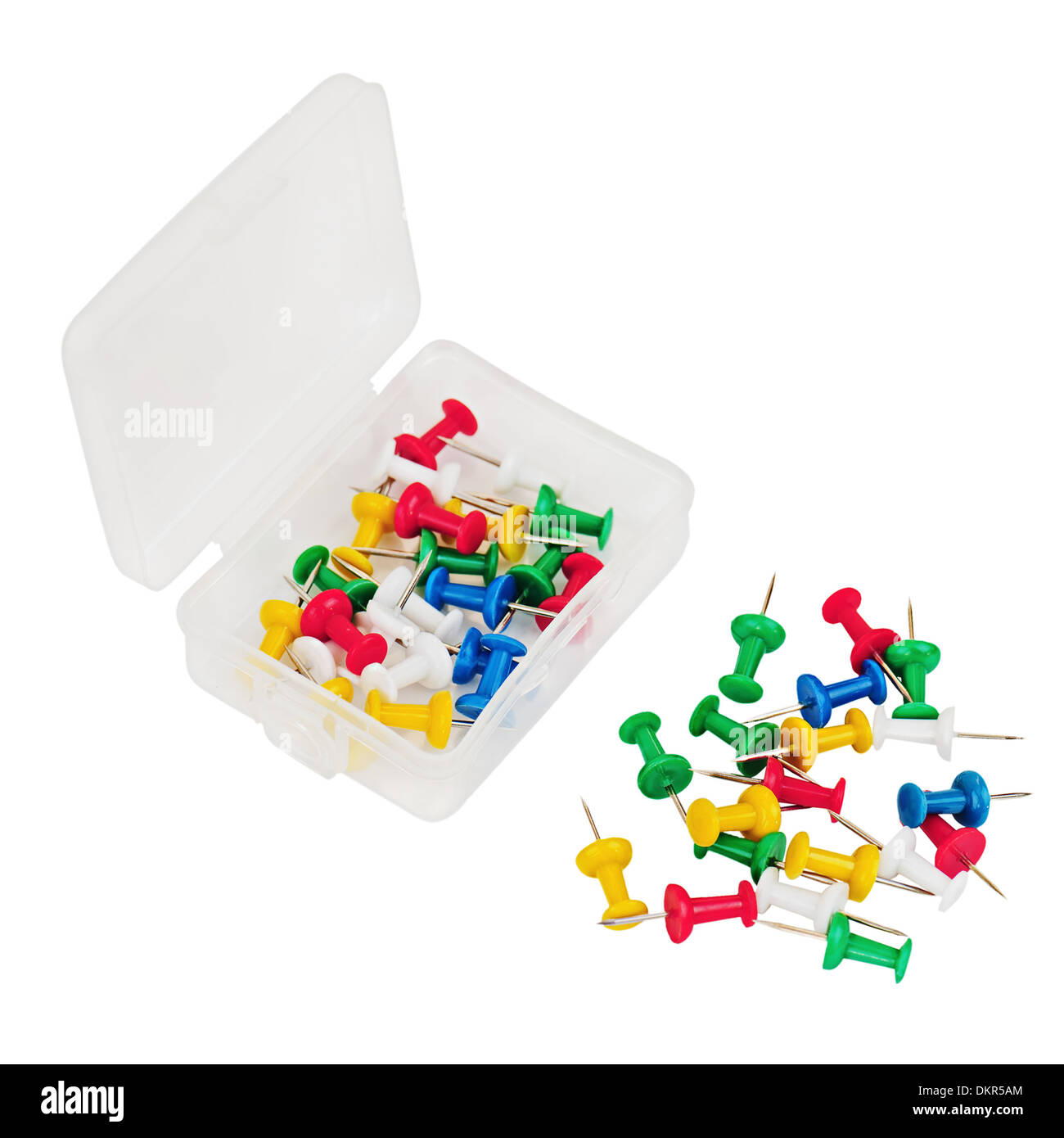 Transparent plastic box with thumbtacks isolated on white background ...