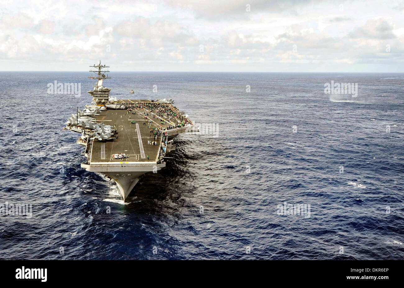 Aerial view of the US Navy aircraft carrier USS Nimitz during an ...