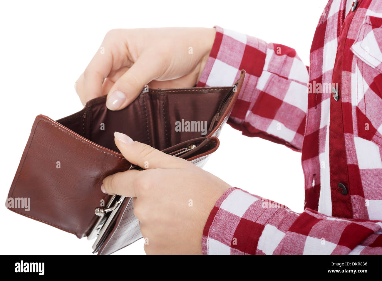 Casual woman showing her empty wallet. Isolated on white Stock Photo ...