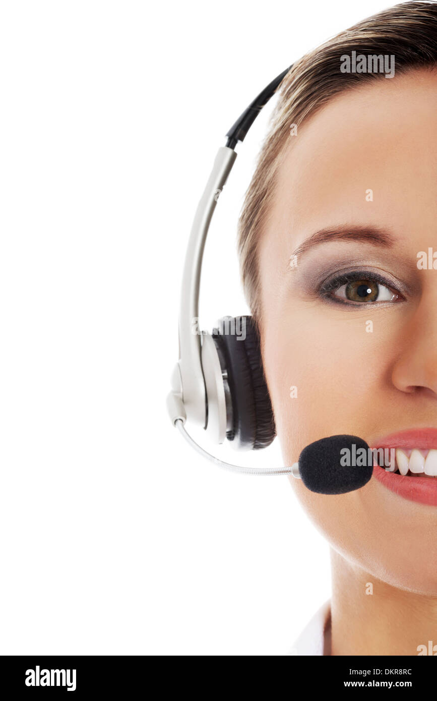 Close up on female's mouth with microphone. Isolated on white Stock ...