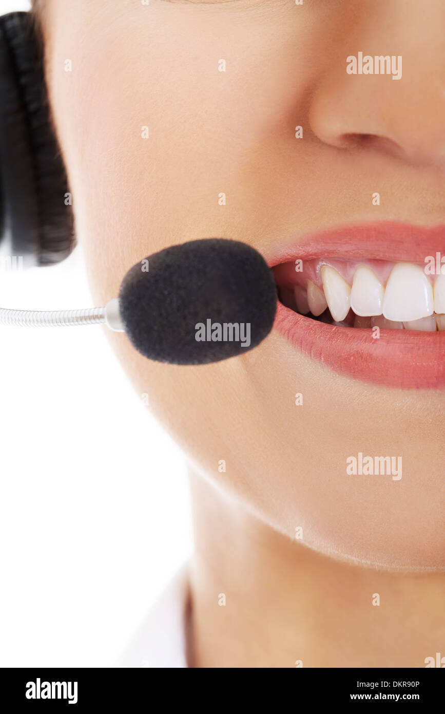 Close up on female's mouth with microphone. Isolated on white Stock ...