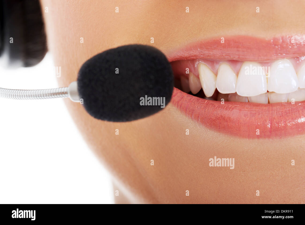 Close up on female's mouth with microphone. Isolated on white Stock ...