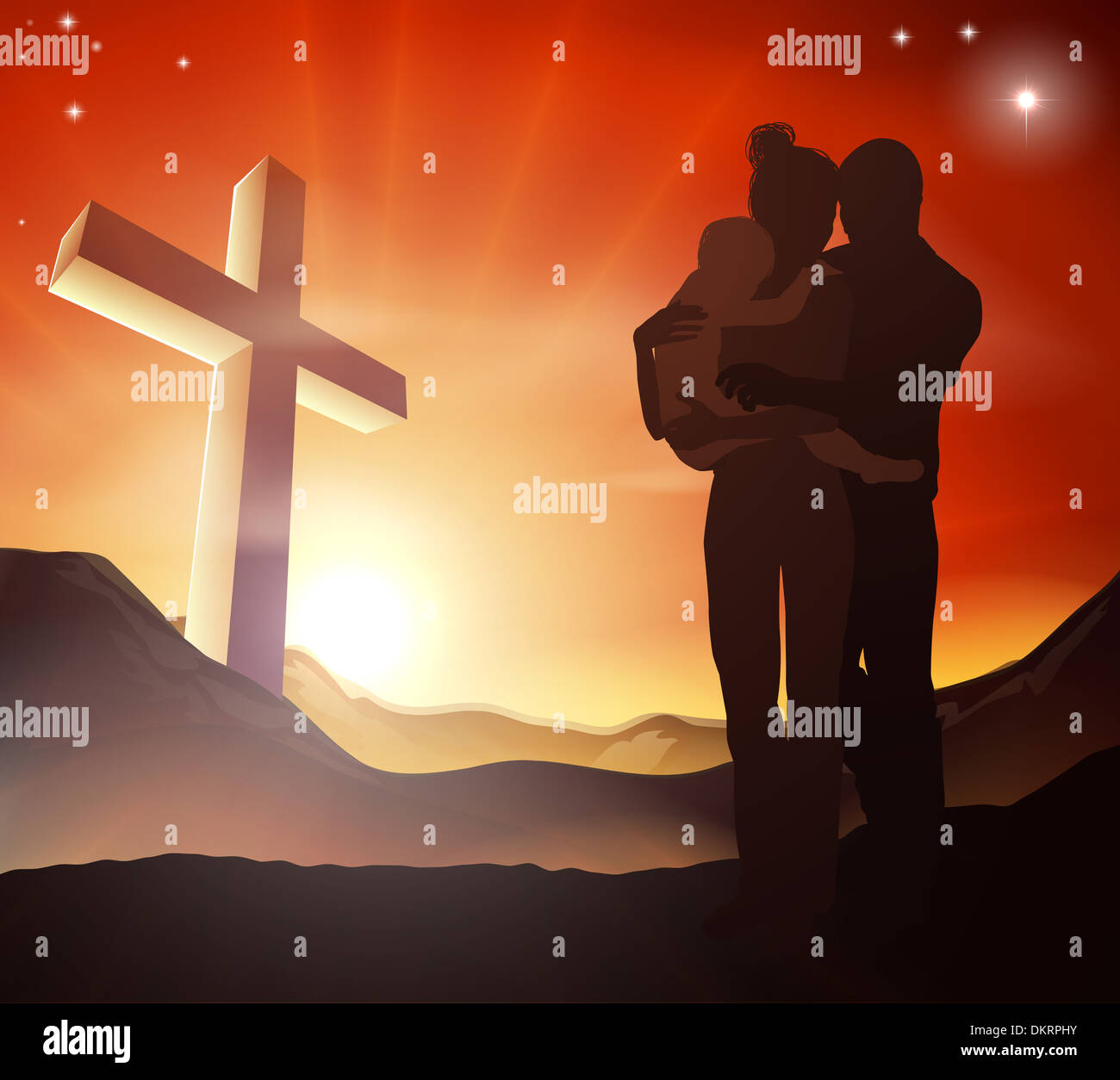A Christian family with a cross in a mountain landscape and a sunrise ...