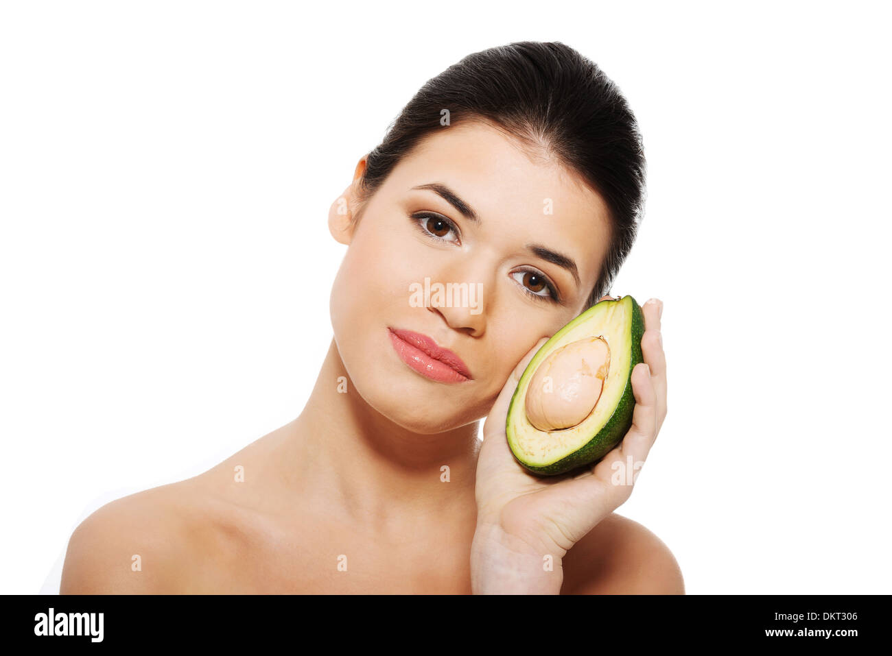 Beautiful woman's face with avocado. Isolated on white Stock Photo - Alamy