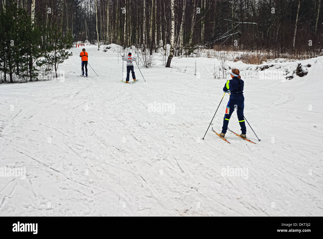 Winter ski orienteering competition.Athletes slides on skis from the ...