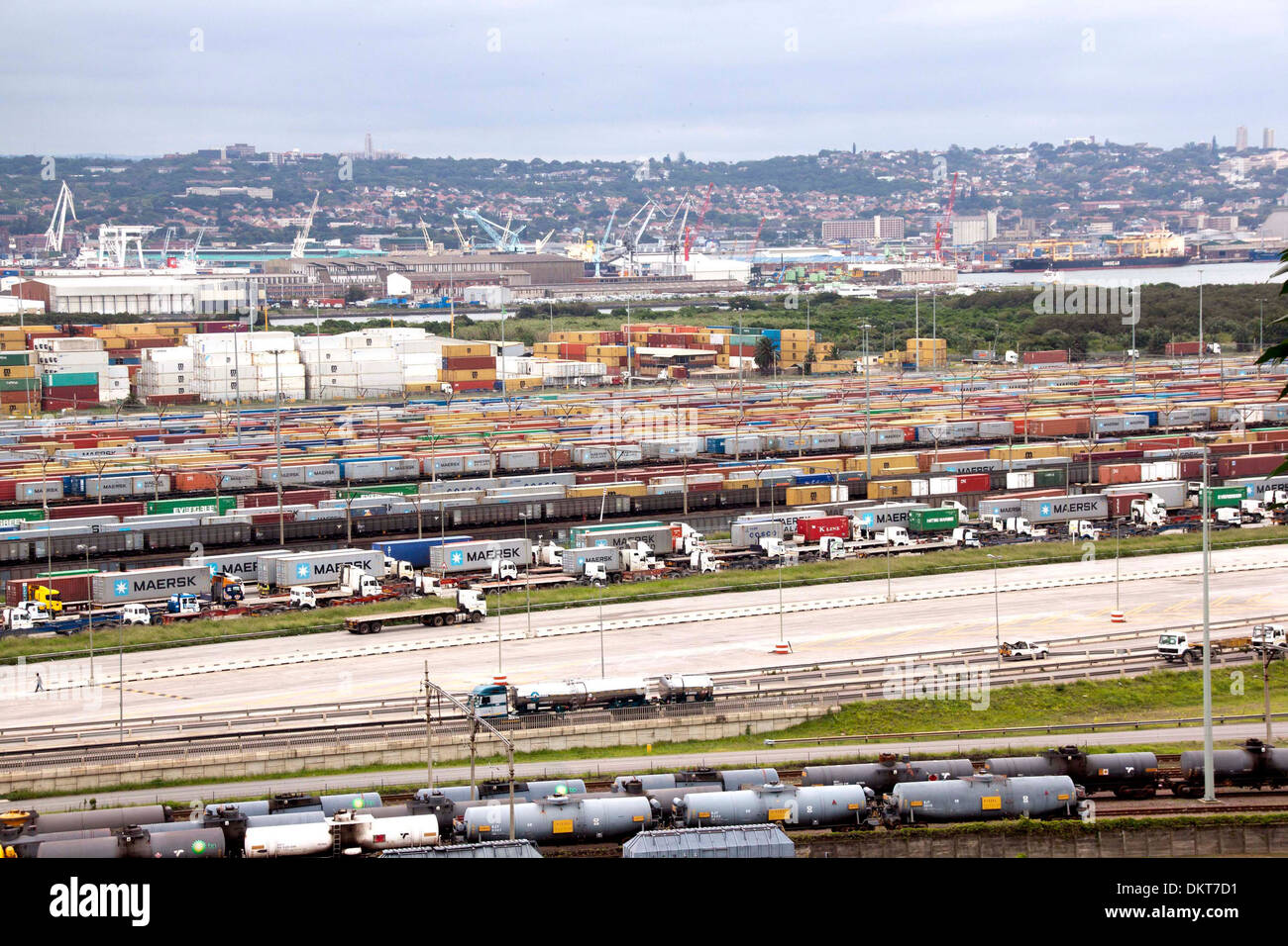 Containers stacked and queued at Durban harbor Stock Photo - Alamy