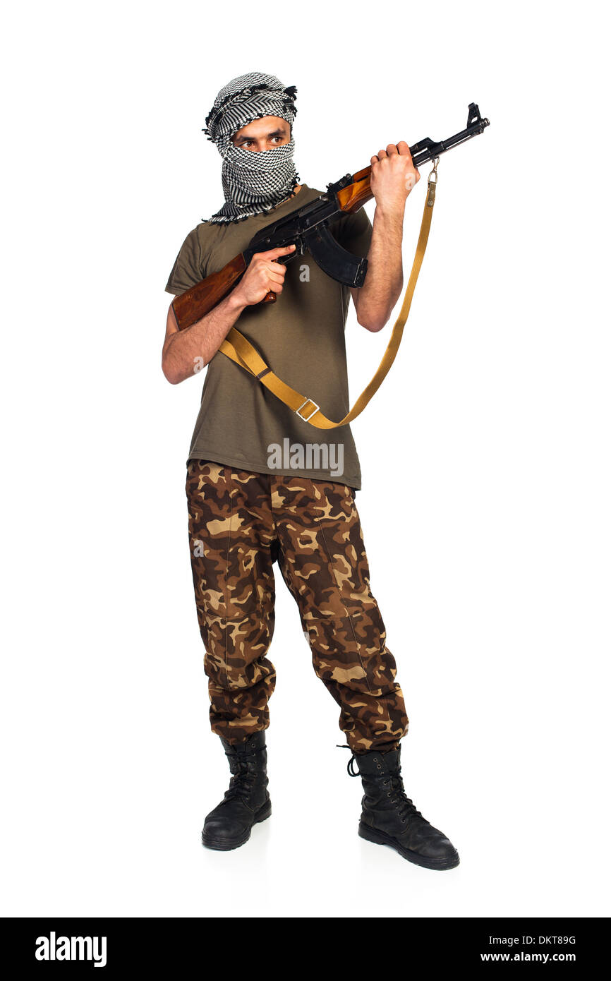 Arab nationality in camouflage suit and keffiyeh with automatic gun on ...