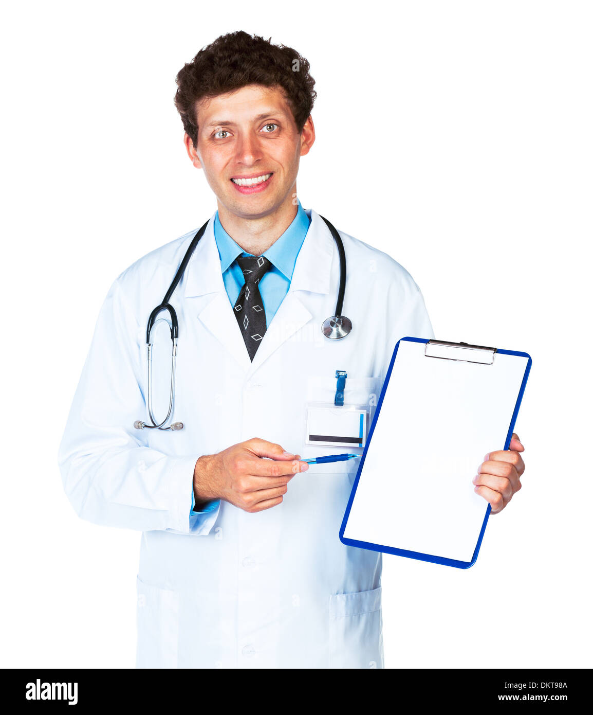Young male smiling doctor showing clipboard with copy space for text on ...
