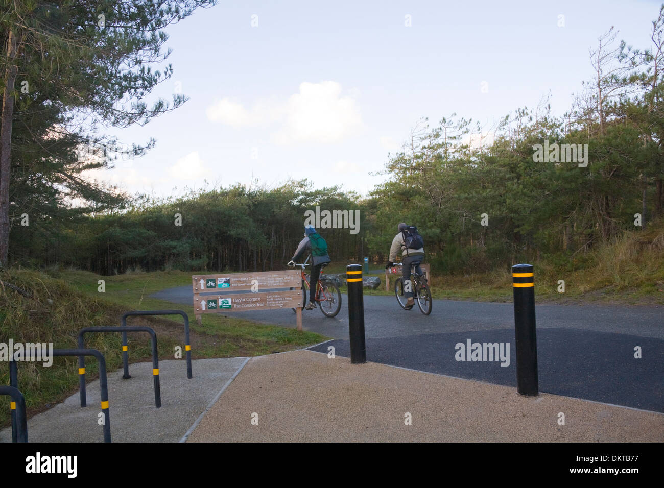 Newborough Forest Anglesey North Wales UK Male and female cyclists ...