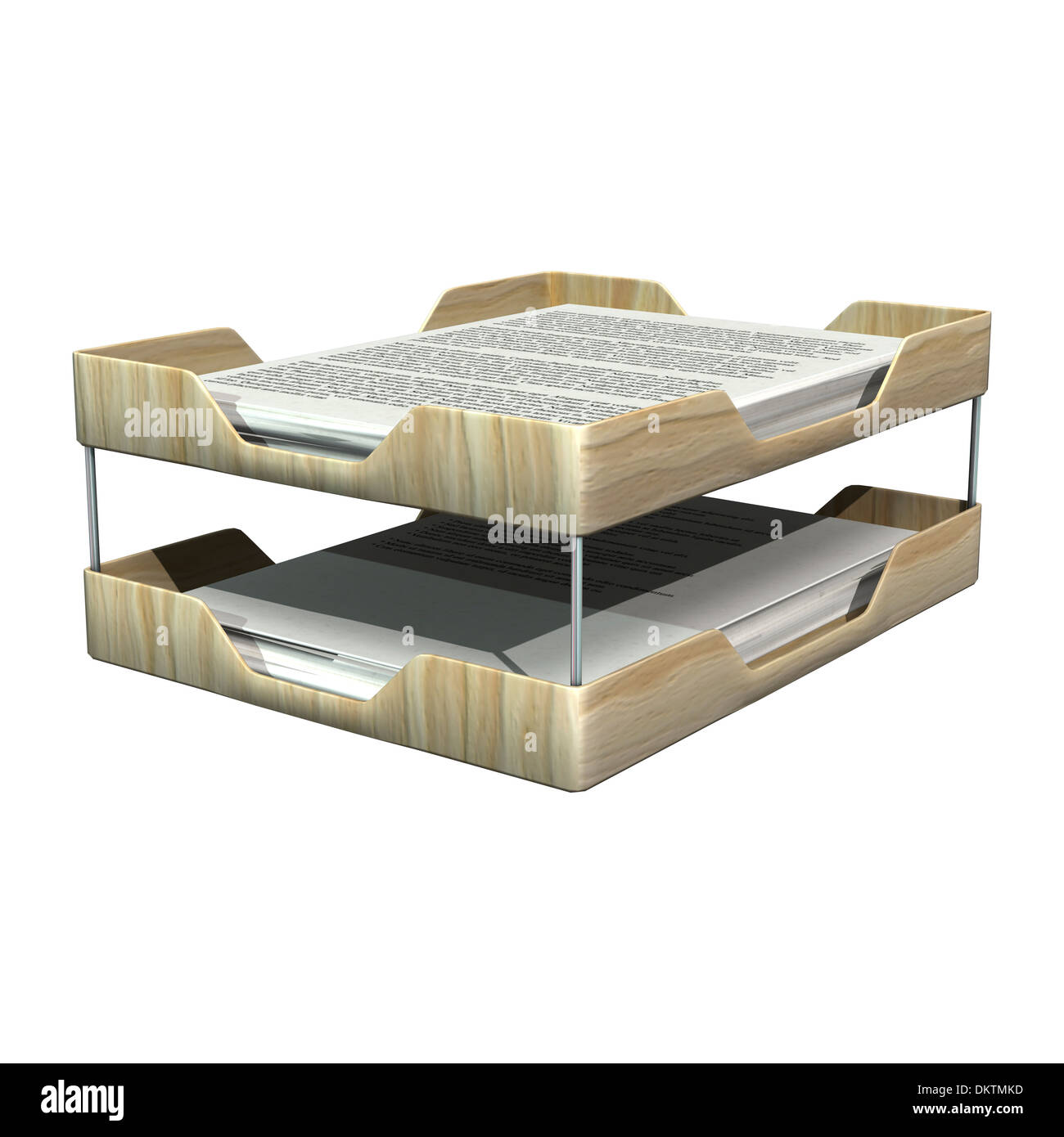 3D digital render of filing baskets with inbox papers isolated on white ...