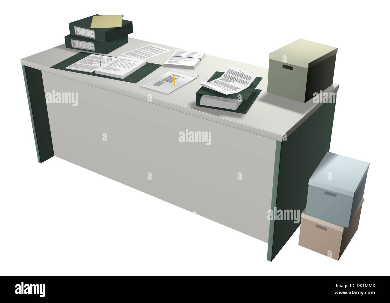 3D digital render of an office desk with lots of papers and folders ...