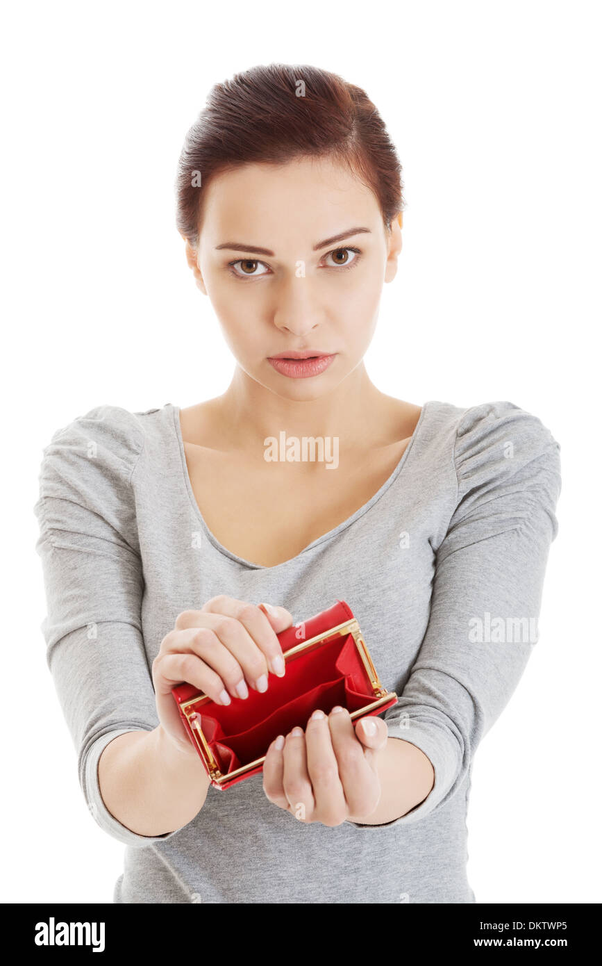 Beautiful casual woman showing her empty wallet. Isolated on white ...