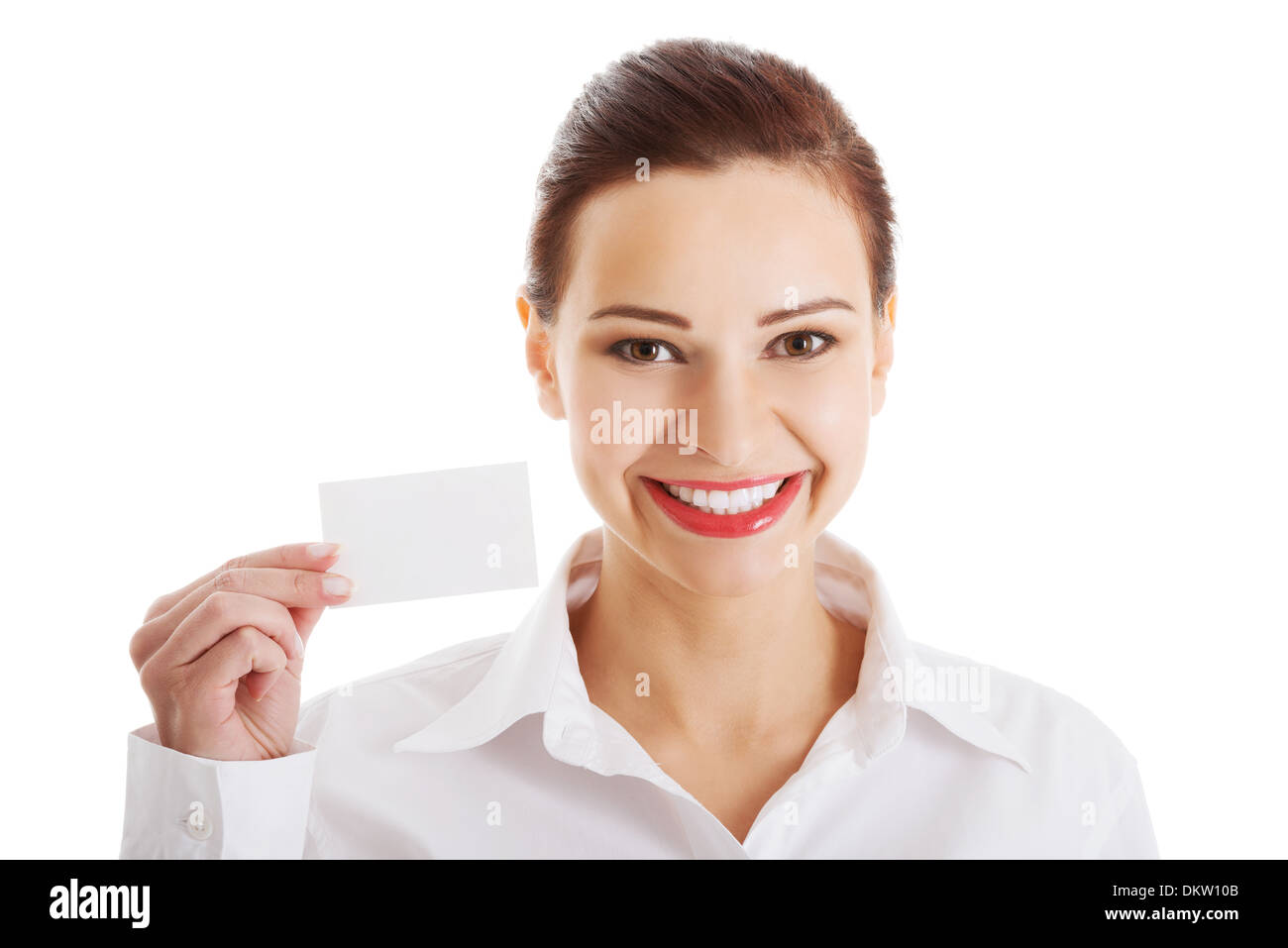 Beautiful business woman holding personal card. isolated on white Stock ...