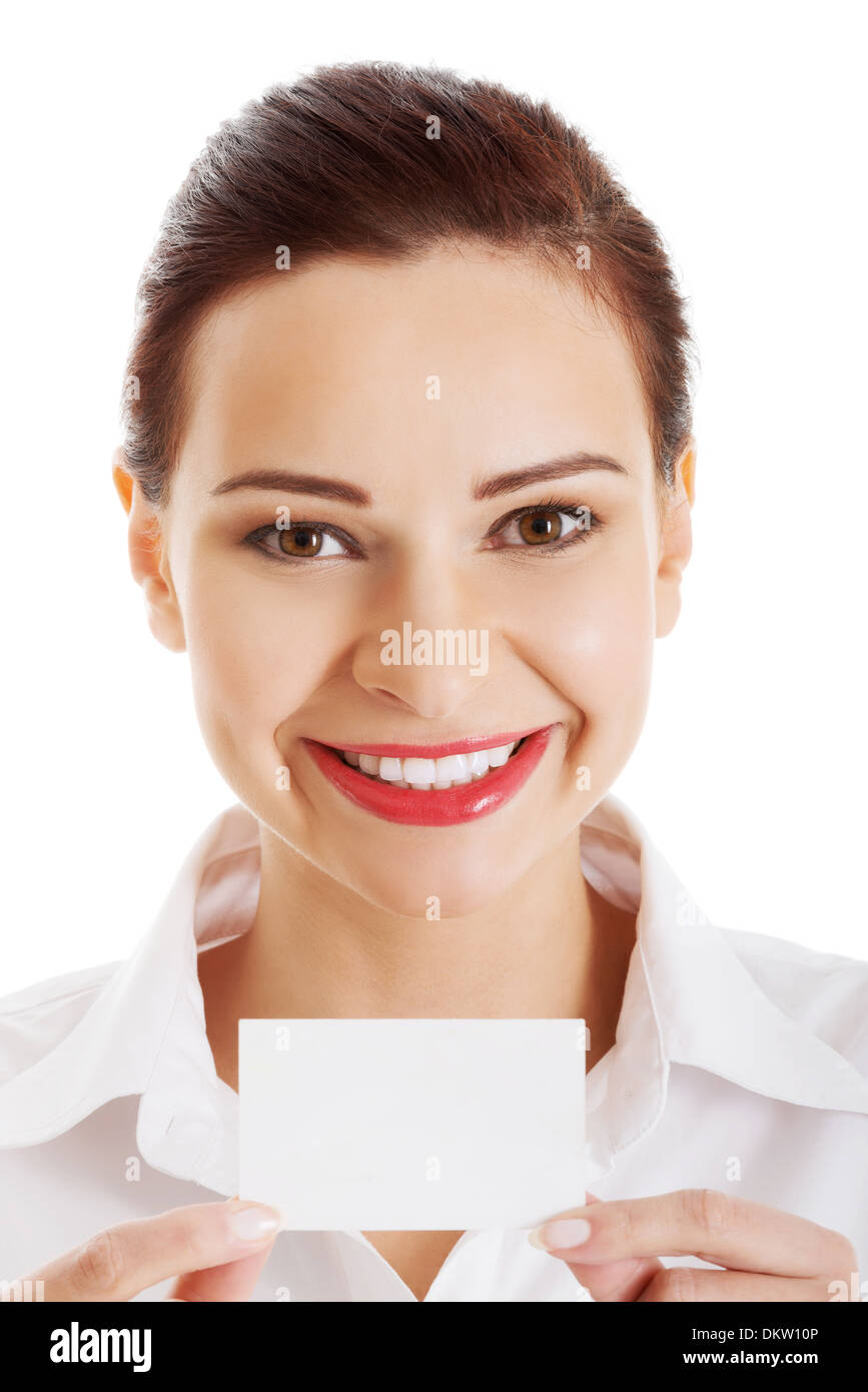 Beautiful business woman holding personal card. isolated on white Stock ...