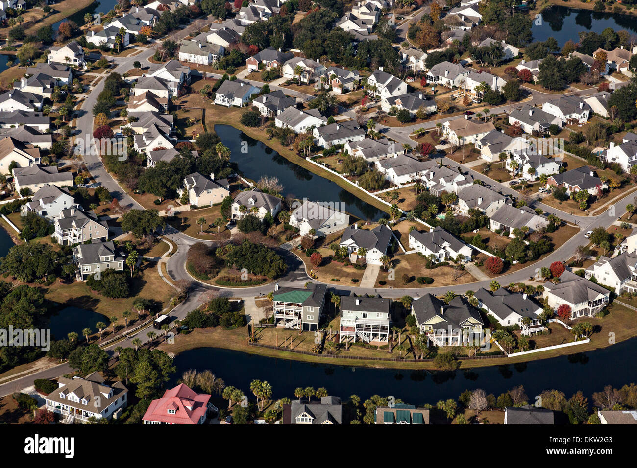 Aerial view of homes in Seaside housing development in Mt Pleasant, SC ...
