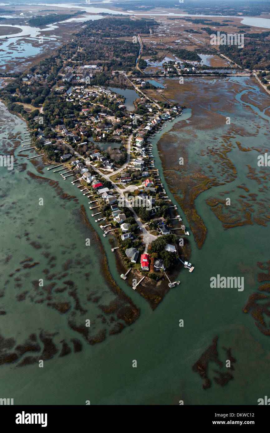 Aerial view of waterfront homes and docks along the marsh in Charleston ...