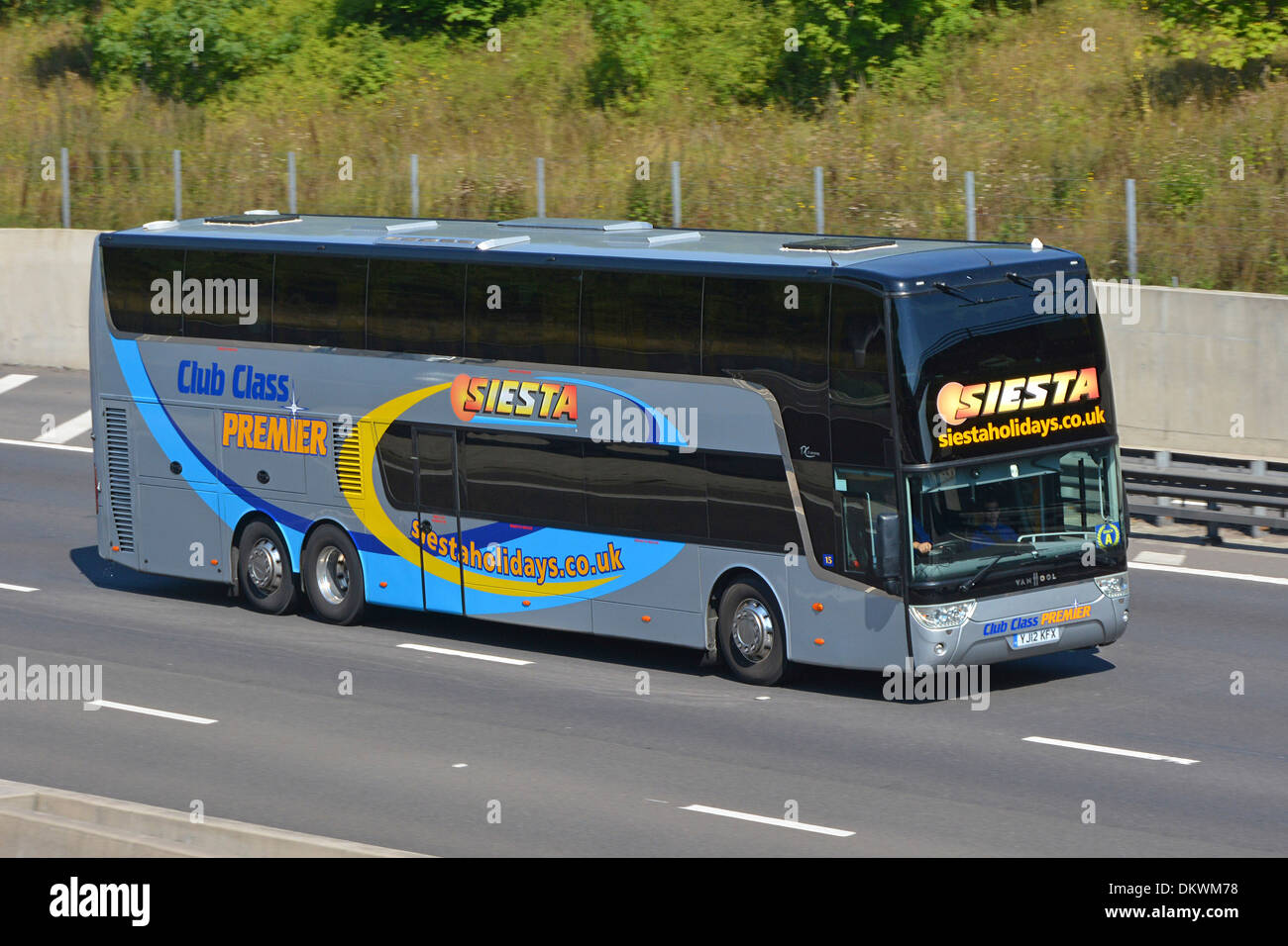 Siesta double decker holiday coach on motorway Stock Photo - Alamy