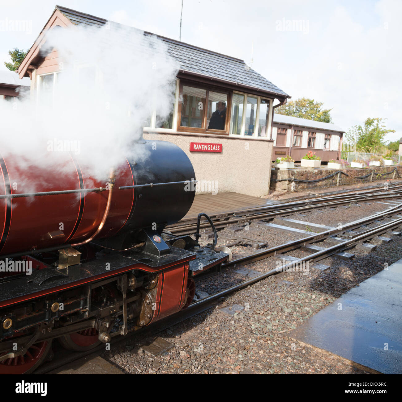small steam engine and signal box on Ravenlass and Eskdale railway in ...