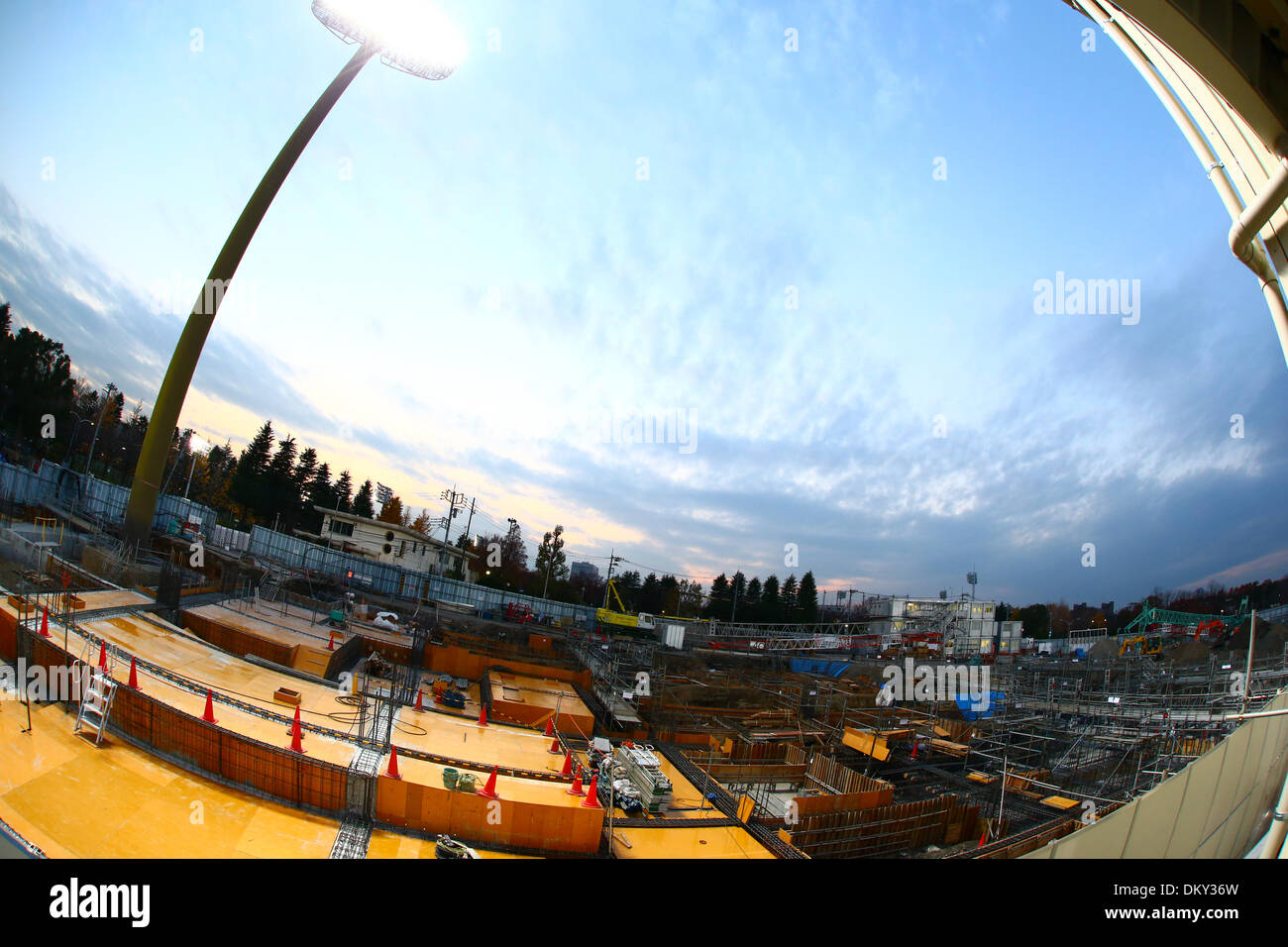 Kawasaki Todoroki Stadium, Kanagawa, Japan. 7th Dec, 2013. Repair work ...