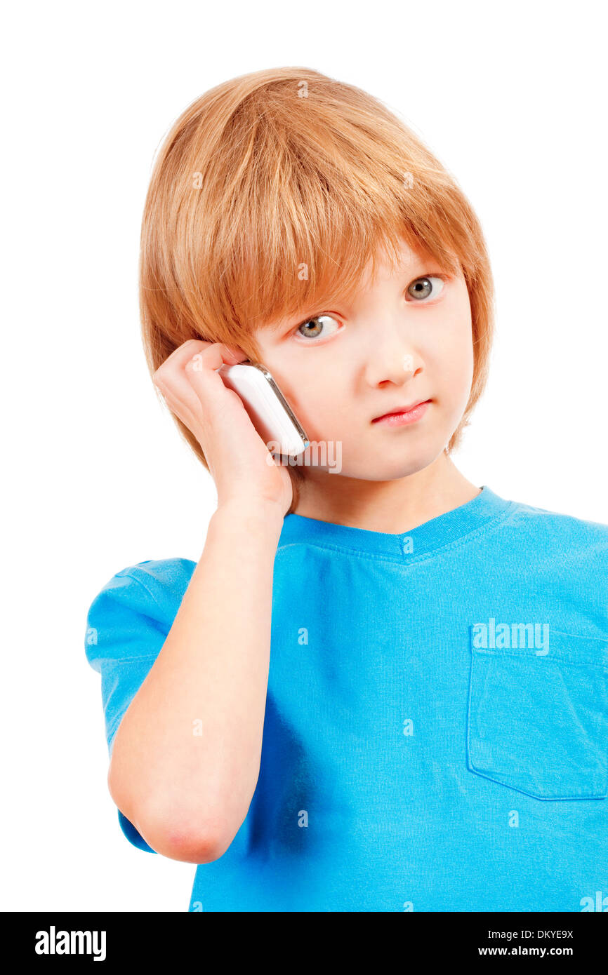 Portrait of a Boy Talking on Mobile Phone - Isolated on White Stock ...