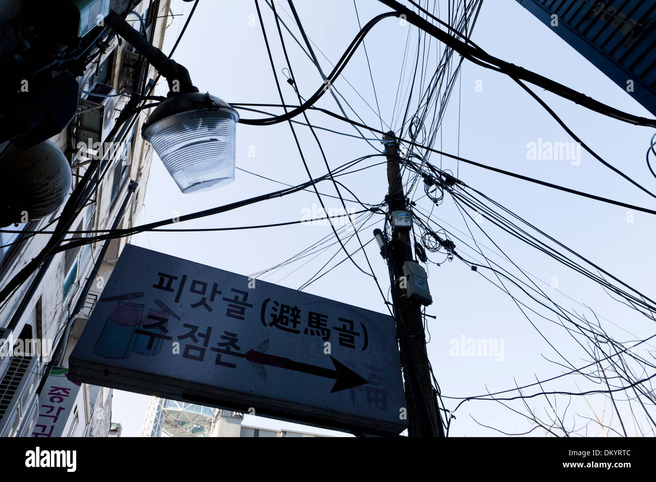 Cluttered telephone and electrical utility wiring - Seoul, South Korea ...