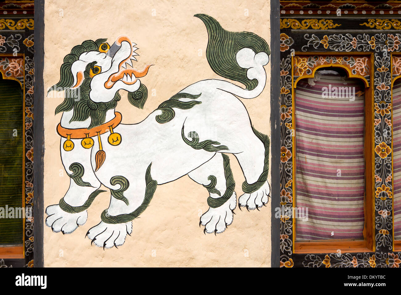 Bhutan, Bumthang Valley, Gaytsa Village large painted snow lion house ...