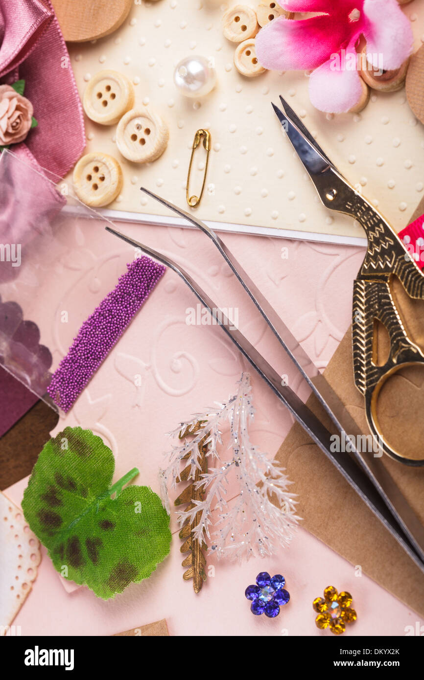 Scrapbooking craft materials, scrap paper, tools and decor Stock Photo ...