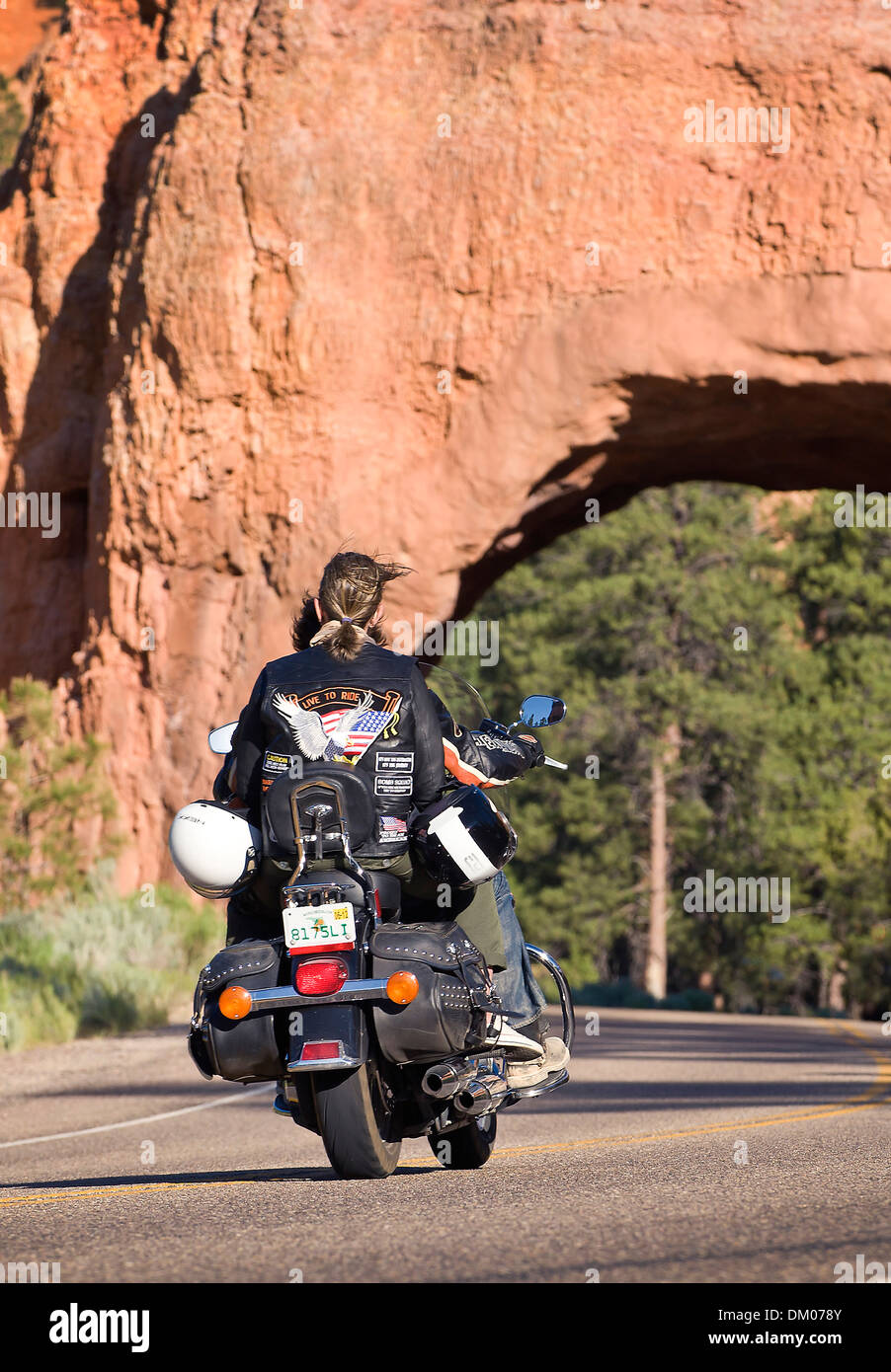 Harley Davidson on road through Red Rock Canyon, Bryce, Utah, USA Stock ...
