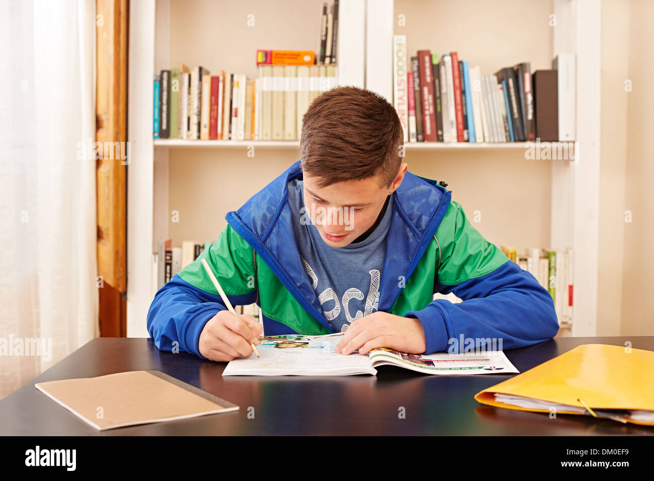 Male teenager concentrated doing homework in a desk Stock Photo - Alamy