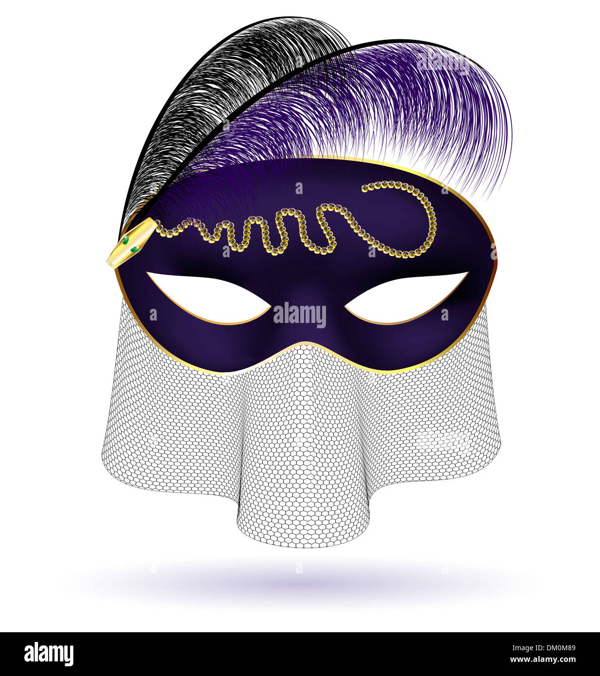on a white background there is a black-purple half mask with feather ...