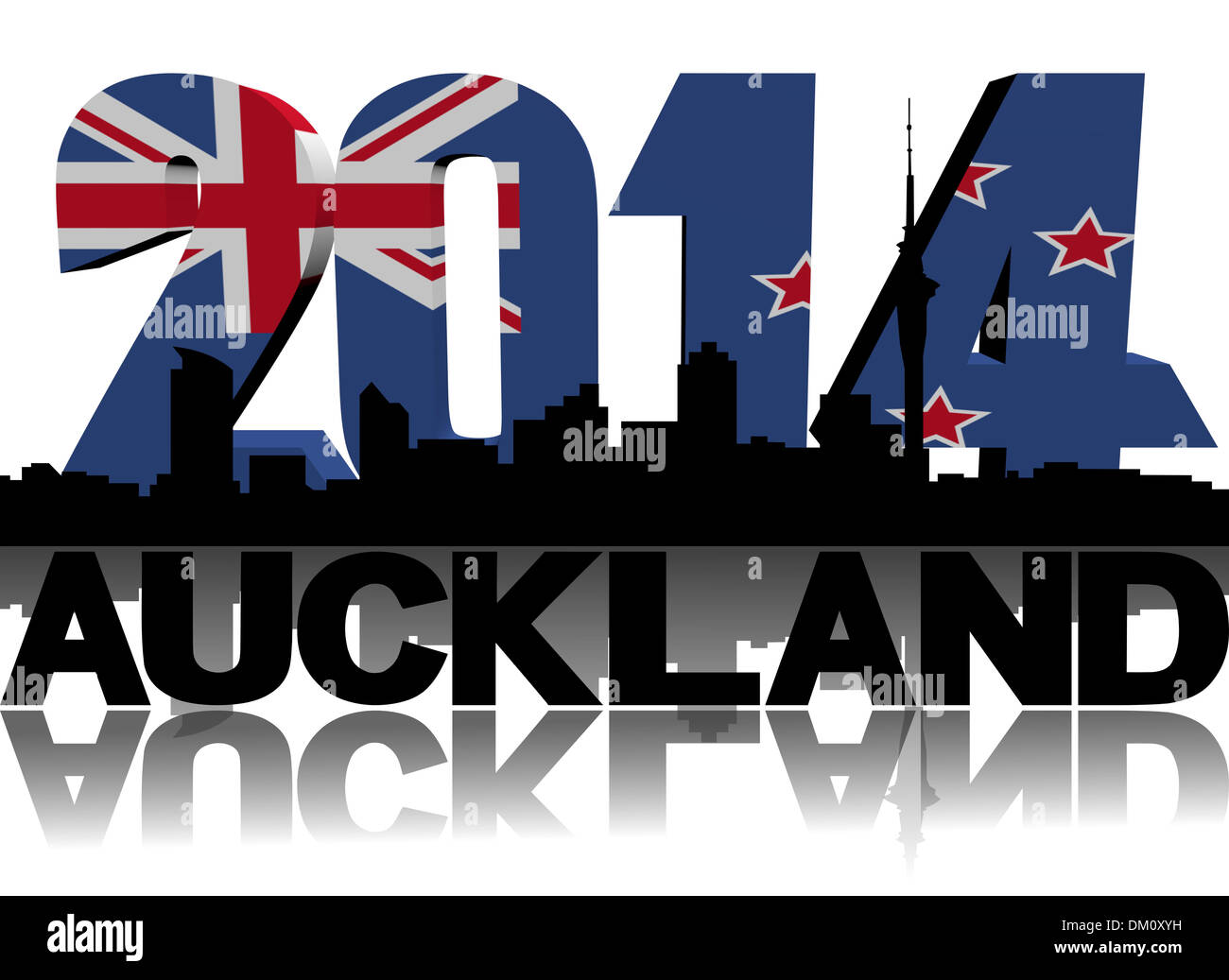 Auckland skyline with 2014 flag text illustration Stock Photo - Alamy