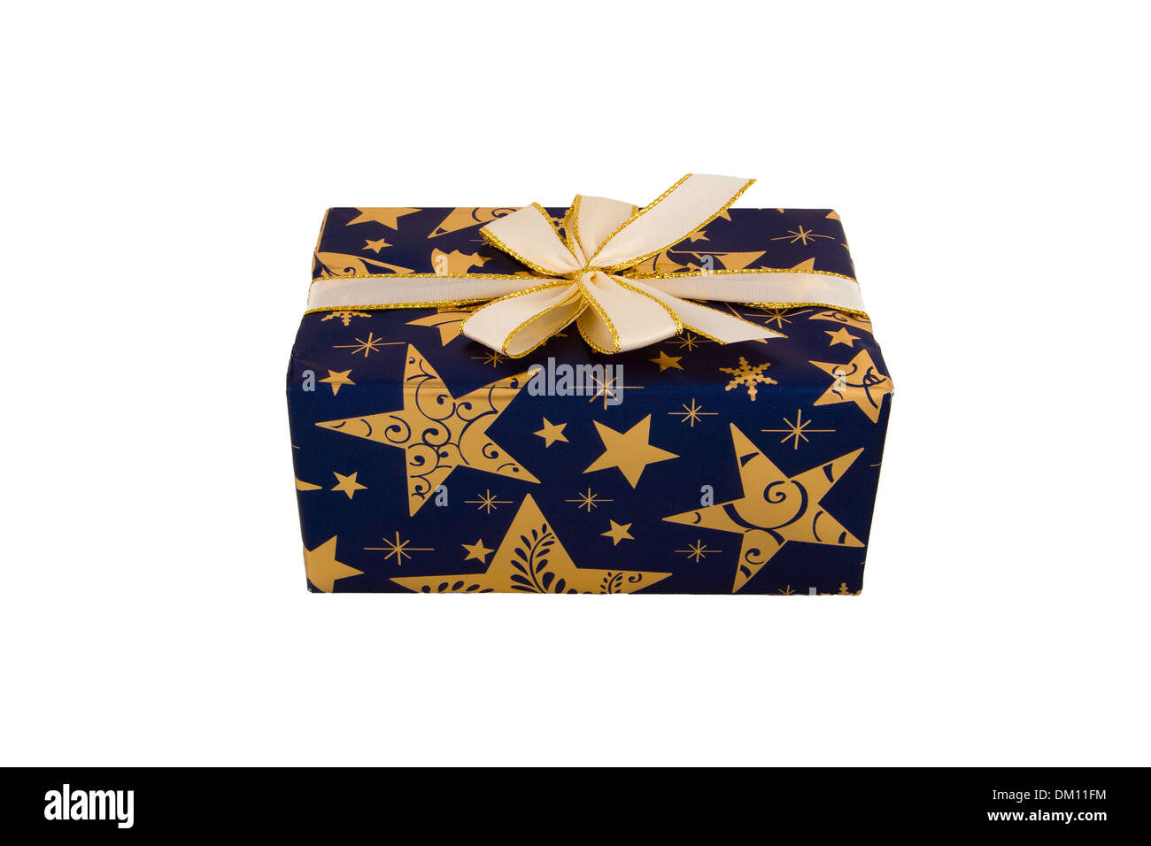 Blue gift box with gold ribbon bow Stock Photo - Alamy