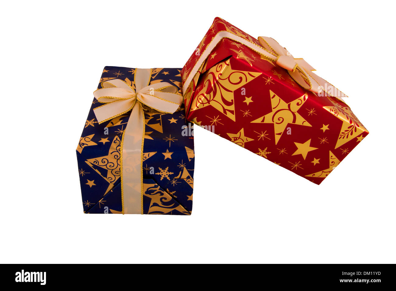 Two gift boxes with gold ribbon bow Stock Photo - Alamy
