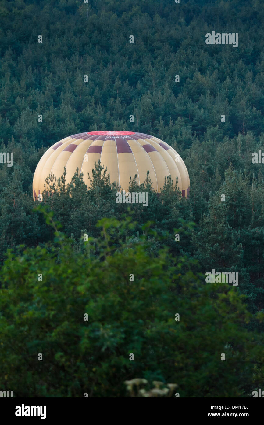 Hot air balloon landing in the forest Stock Photo - Alamy
