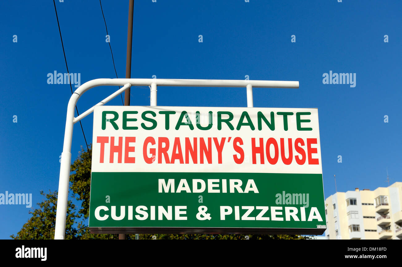 Madeira Portugal. A red green and white restaurant street sign Stock ...